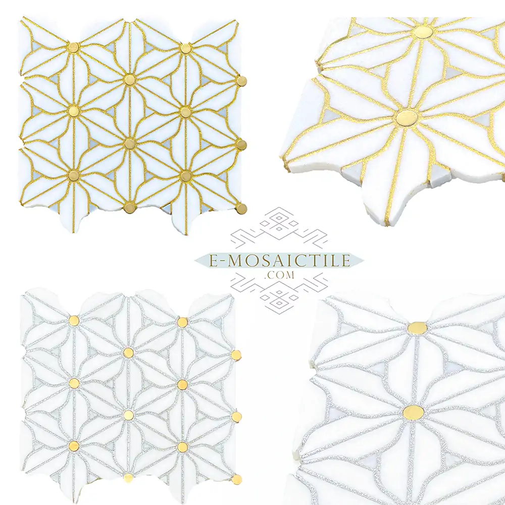 Flower Tiles Kitchen Bathroom Backsplash Marble Wall Mosaic White Gold