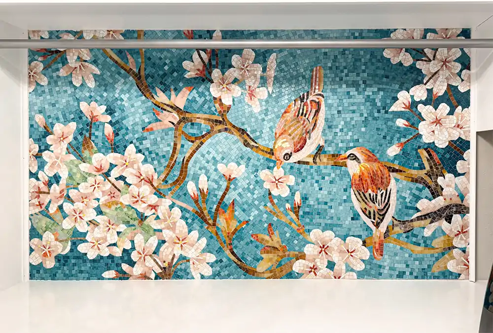 Birds in Spring Mosaic Art Feature Wall Blue Background Laundry Room ...
