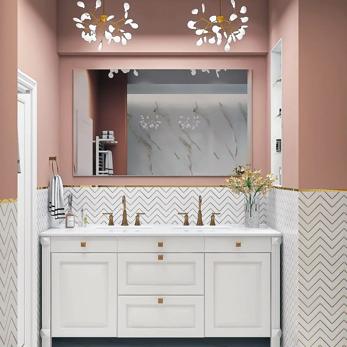 White and Golden Chevron Marble Wall Tile as Bathroom Splashback 230218