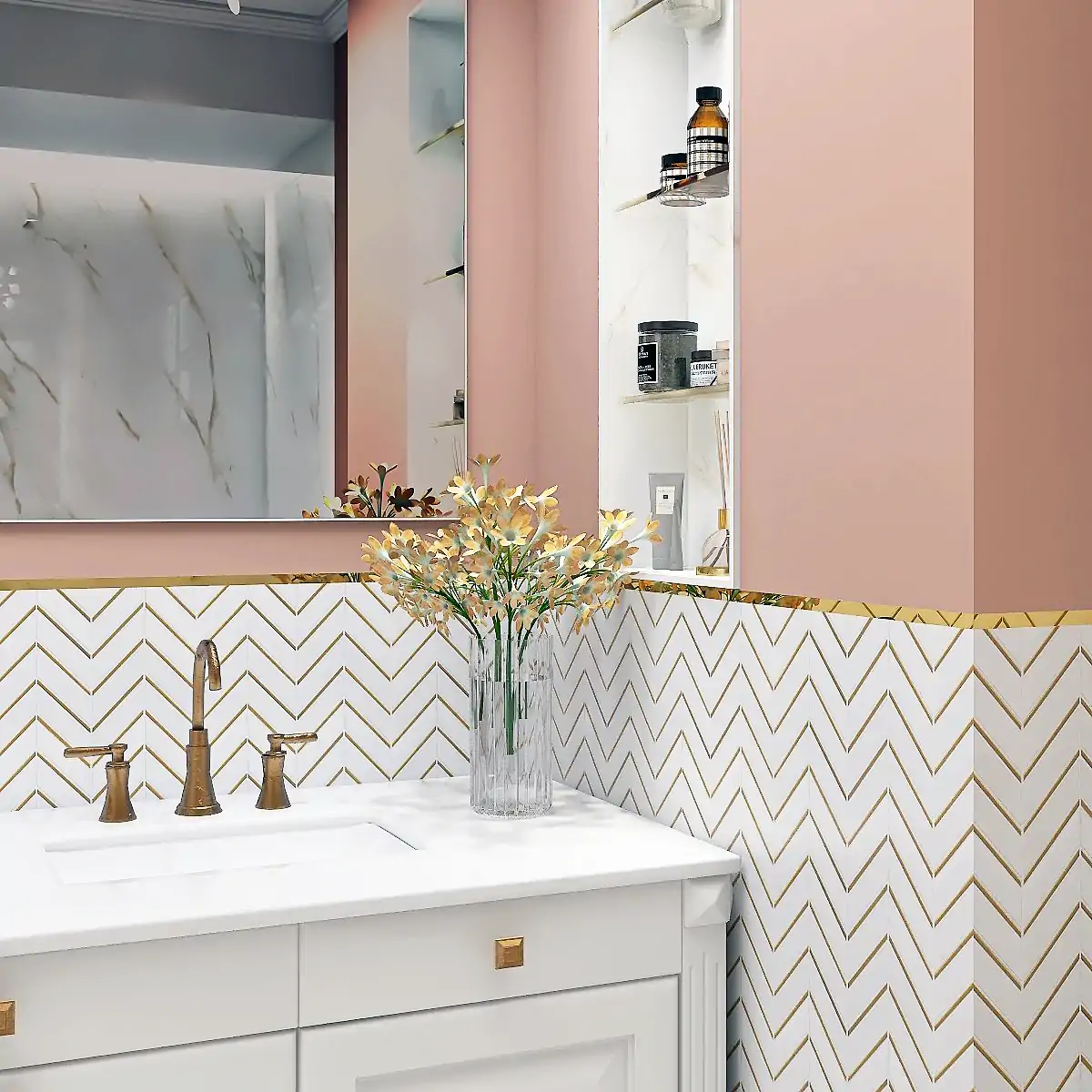 White and Golden Chevron Marble Wall Tile as Bathroom Splashback 230218