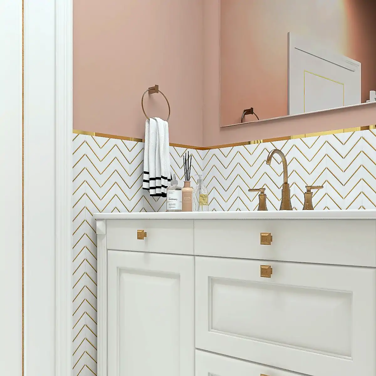 White and Golden Chevron Marble Wall Tile as Bathroom Splashback 230218